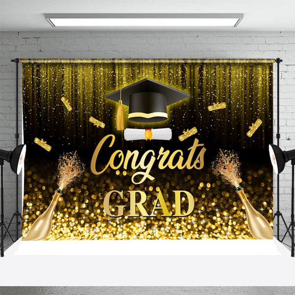 Black Gold Glitter Champagne Graduation Backdrop - Aperturee