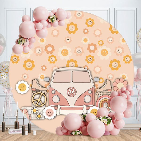 Groovy Smiling Floral Bus Circle Birthday Backdrop - Aperturee