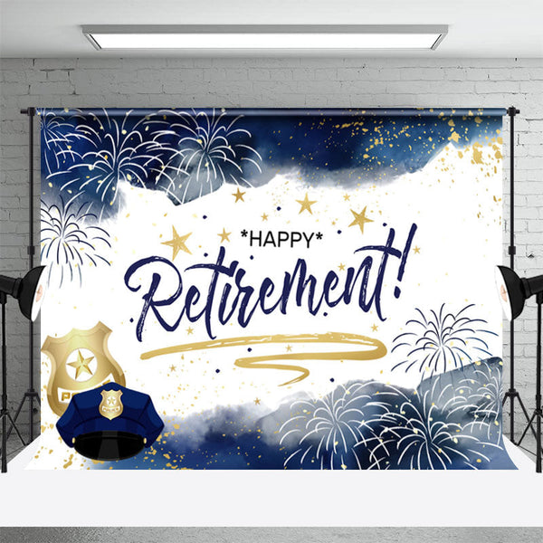 Modern Dark Blue Gold Happy Retirement Party Backdrop - Aperturee