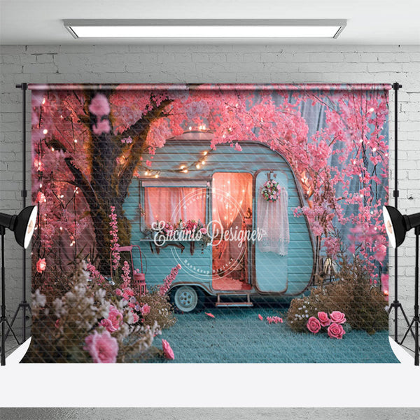 Pink Peach Flower Tree Light Blue RV Spring Backdrop - Aperturee