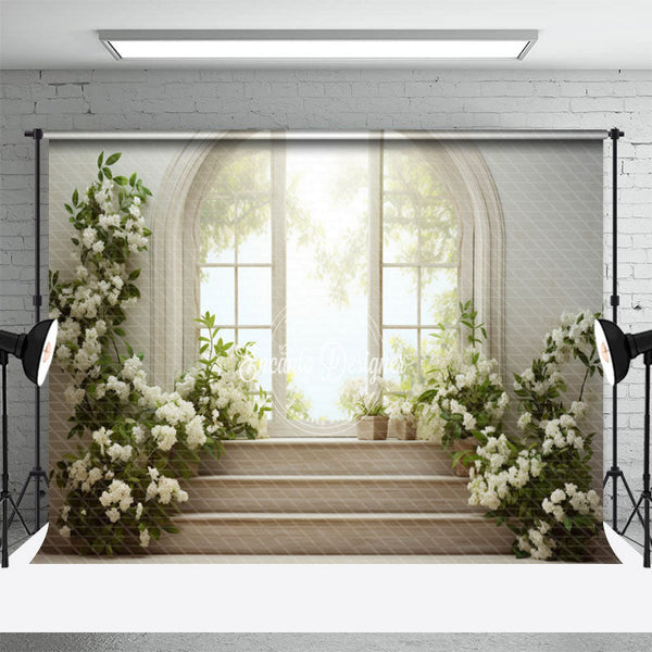 White Floral Balcony Window Stairs Spring Backdrop - Aperturee